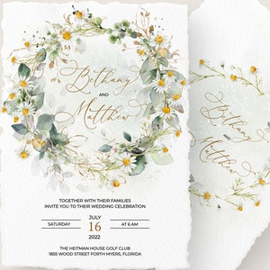 Daisy Wedding Invitation Template, Yellow Floral Invite, Greenery Gold ...