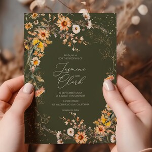 Green Wedding Invitation Template, Fall Autumn Wildflowers Wedding ...