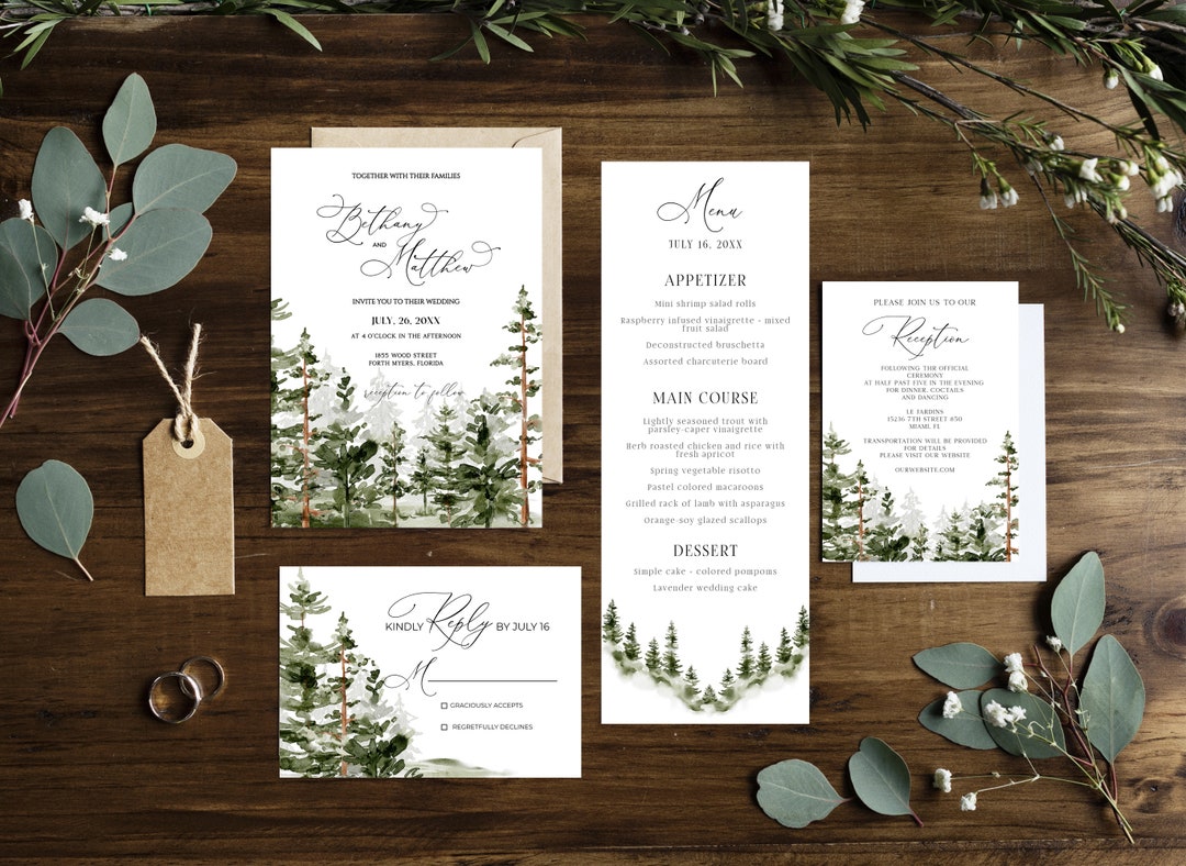 Pine Tree Wedding Invitation Suite Template, Forest Invite, Woodland ...