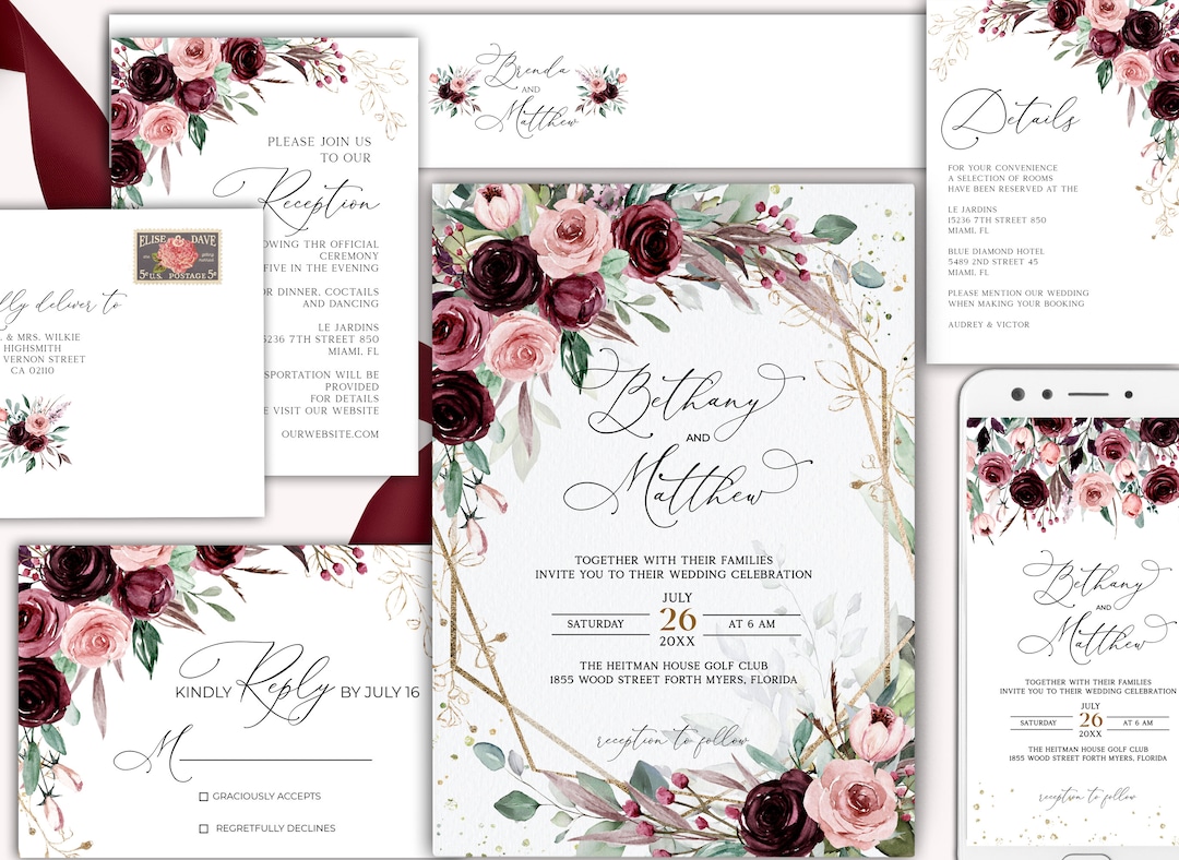 Burgundy Wedding Invitation Template, Burgundy Roses, Rosa Wedding ...