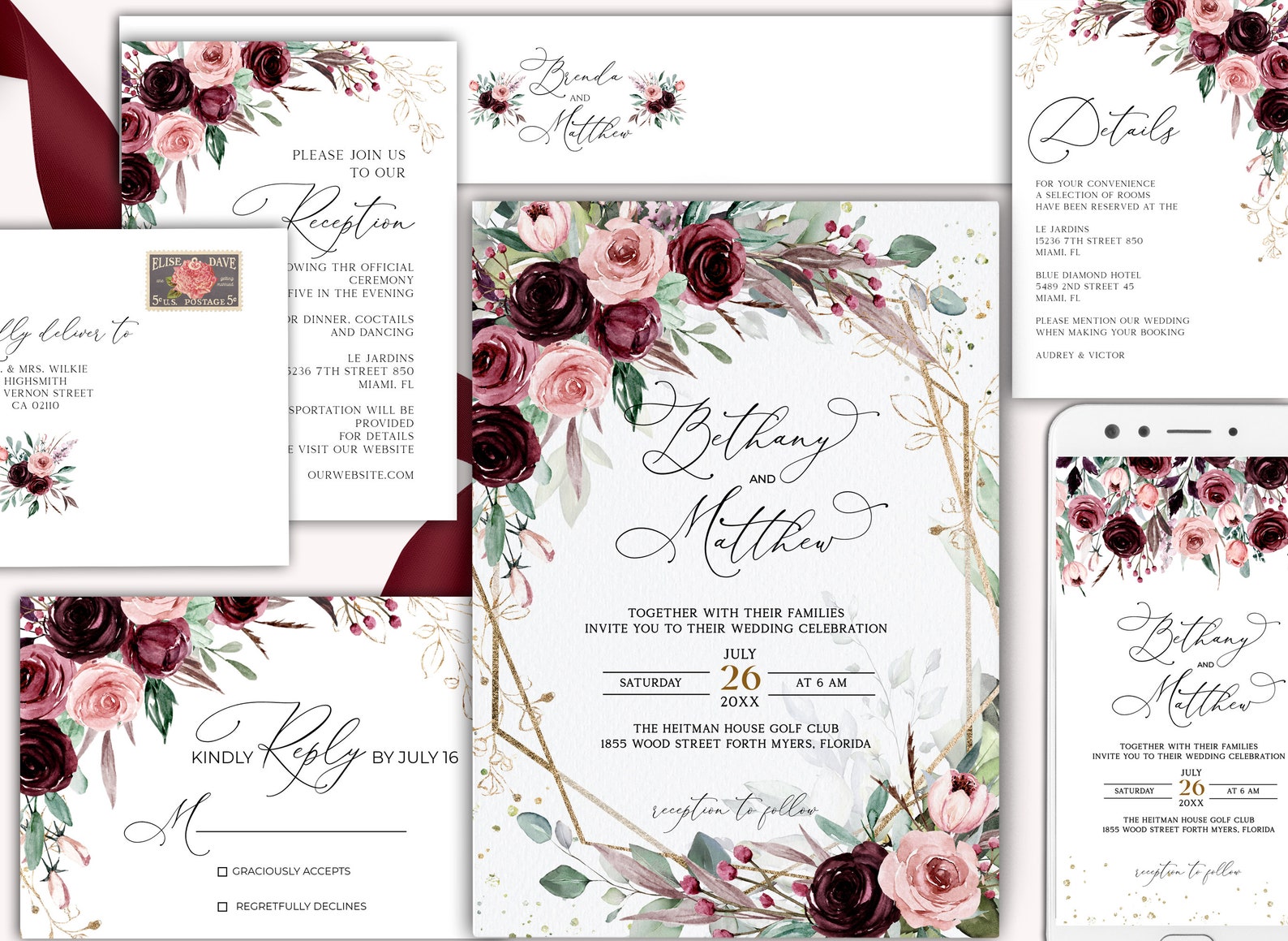 Burgundy Wedding Invitation Template, Burgundy Roses, Rosa Wedding ...