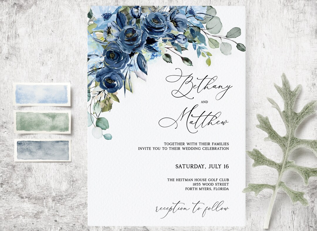 Blue Navy Flowers Wedding Invitation, Wedding Invitation Template ...