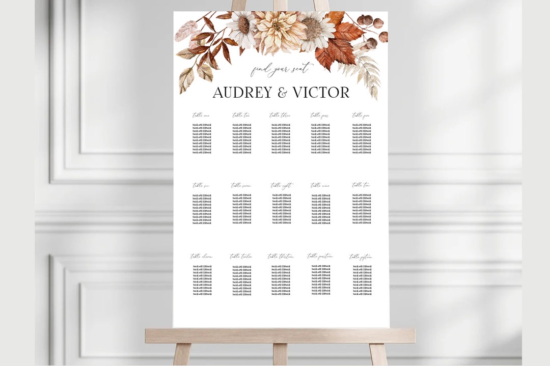 Fall Autumn Wedding Seating Chart Template, Autumn Wedding, Pampas ...