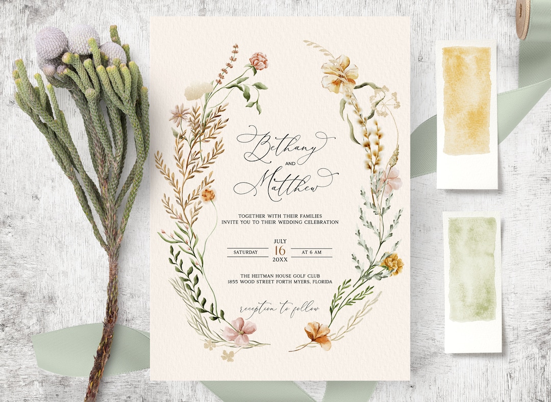 Wildflower Wedding Invitation Template, Boho Invitation, Spring Flowers ...