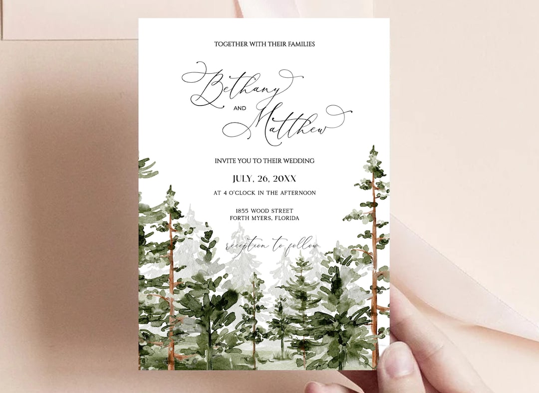 Pine Forest Wedding Invitation, Mountain Wedding Invitation Template ...