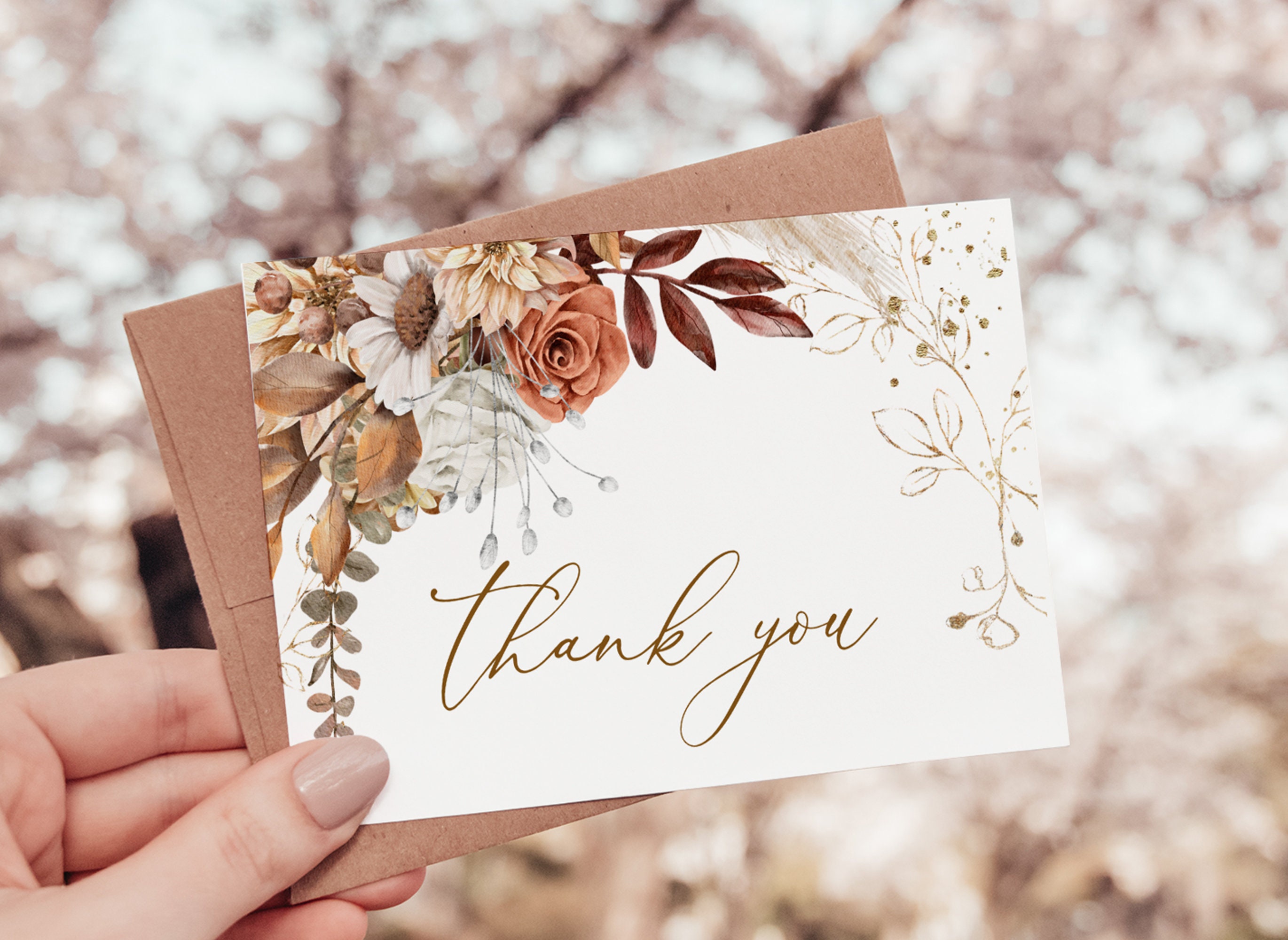 Fall Autumn Wedding Thank You Card Template, Boho Wedding Thank You ...