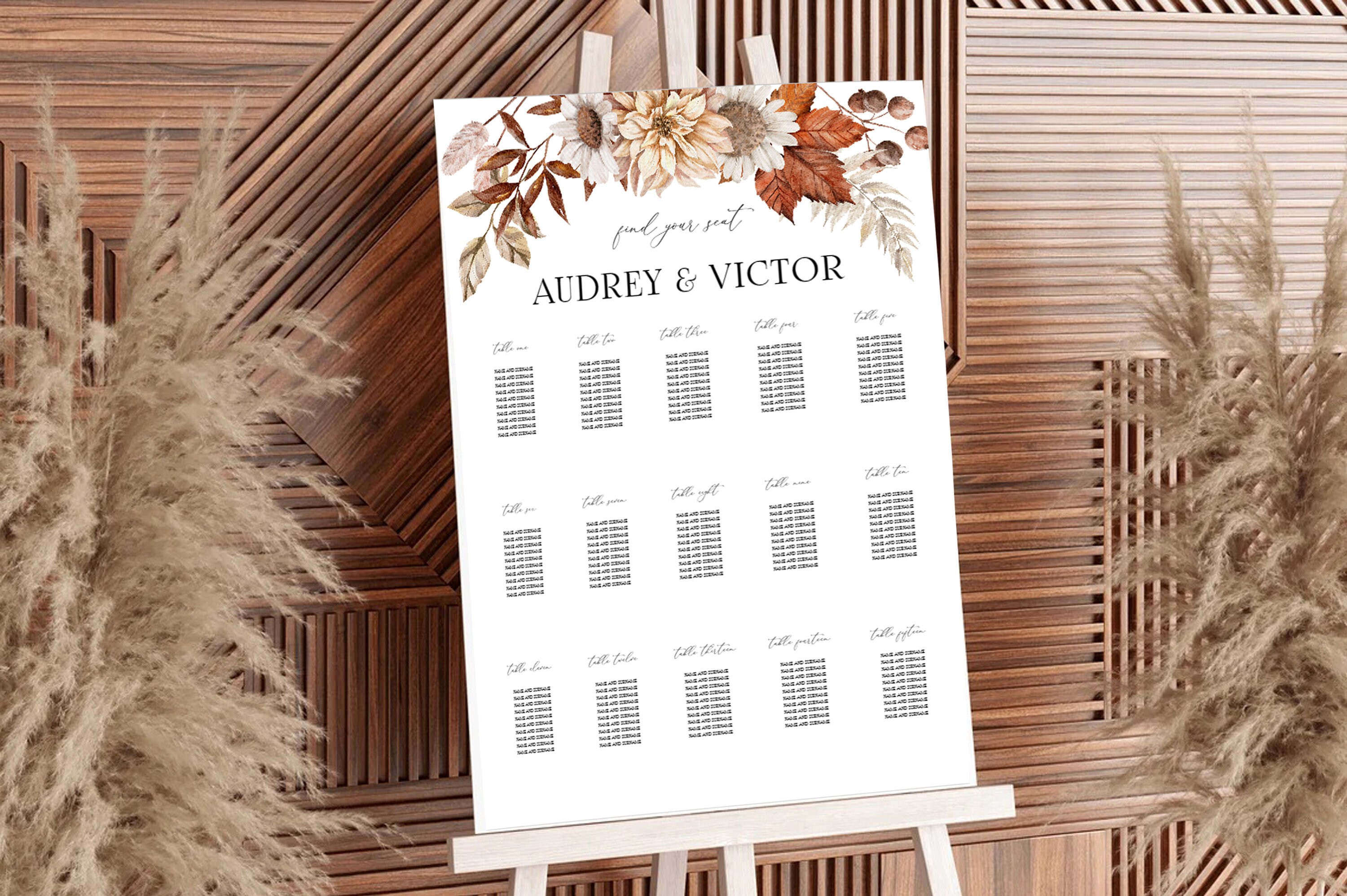 Fall Autumn Wedding Seating Chart Template, Autumn Wedding, Pampas ...