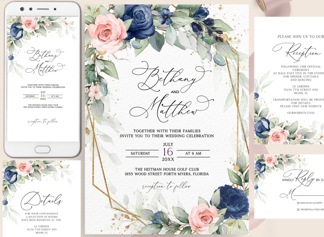 Navy Blush Wedding Suite Template, Navy Blue Blush Pink, Navy Blush ...