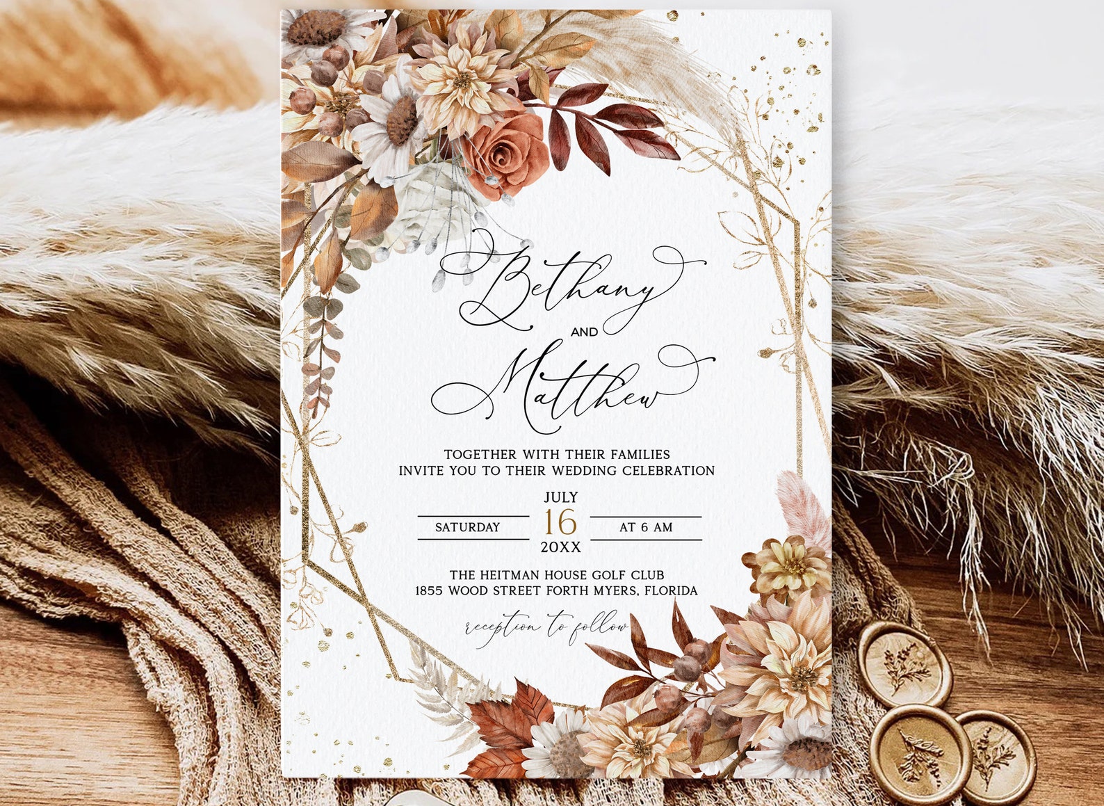 Fall Autumn Wedding Invitation, Autumn Leaves, Pampas Grass Wedding ...