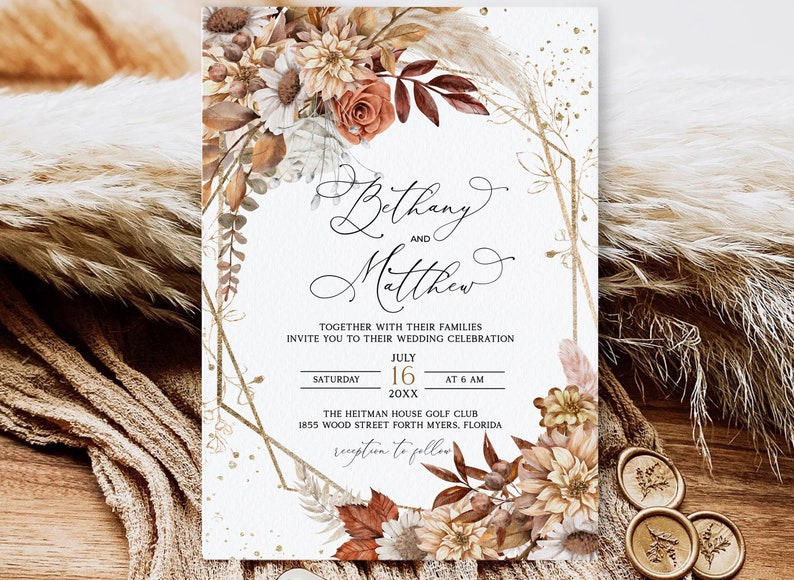 Fall Autumn Wedding Invitation, Autumn Leaves, Pampas Grass Wedding ...