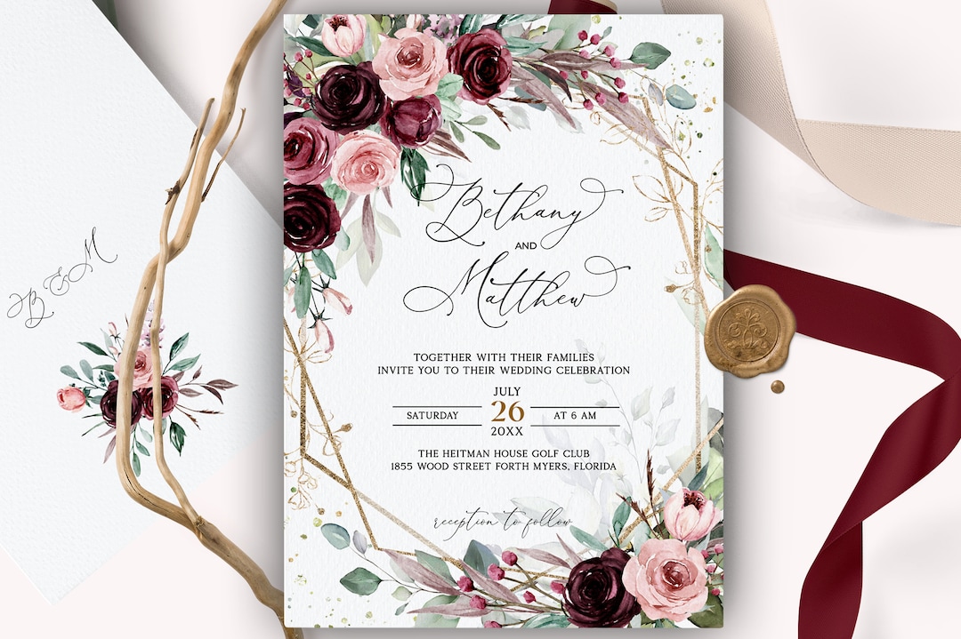 Burgundy Wedding Invitation Template, Burgundy Roses, Rosa Wedding ...