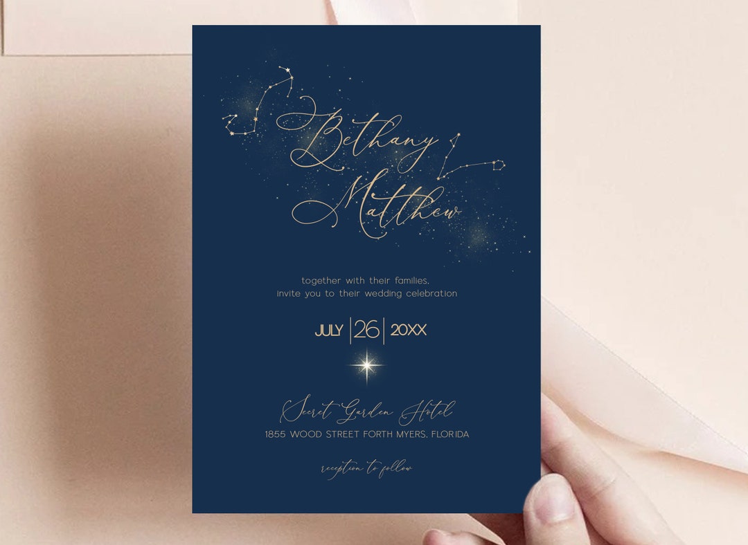 Zodiac Wedding Invitation Template, Constellations, Gold and Navy ...