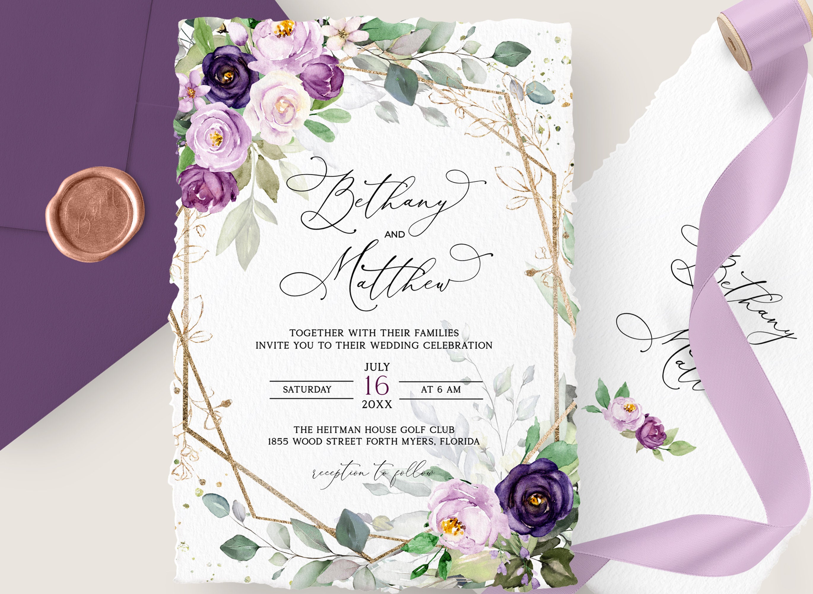 Purple Wedding Invitation Template Purple and Lavender Roses - Etsy