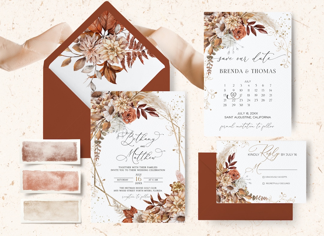Fall Wedding Invitation Suite, Autumn Leaves, Fall Invites, Burnt ...