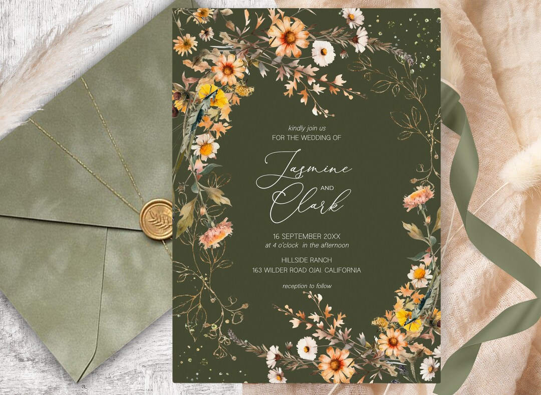 Green Wedding Invitation Template, Fall Autumn Wildflowers Wedding ...