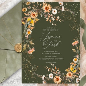 Green Wedding Invitation Template, Fall Autumn Wildflowers Wedding ...