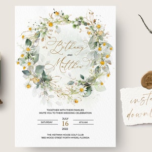 Daisy Wedding Invitation Template, Yellow Floral Invite, Greenery Gold ...