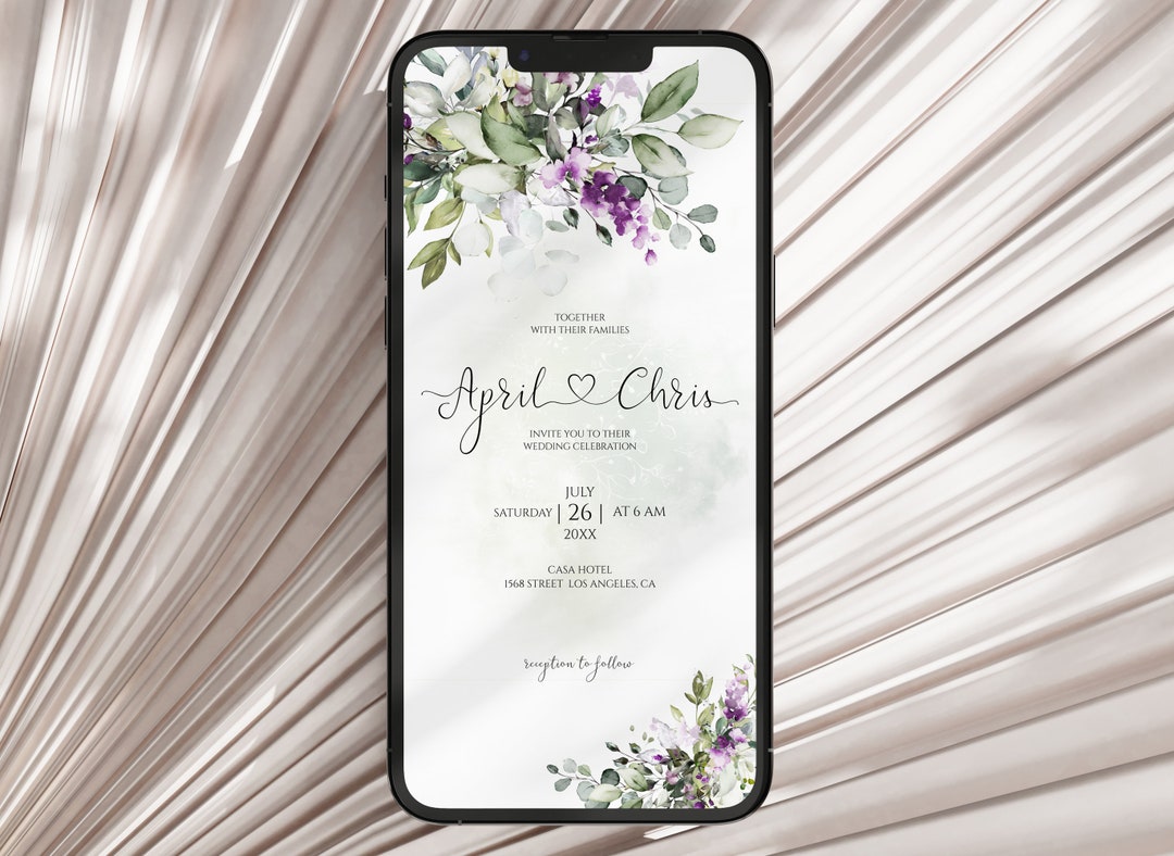 Greenery Lavender Digital Wedding Invitation Template, Smartphone ...
