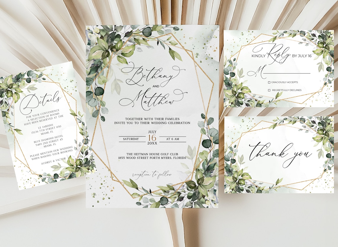 Greenery Wedding Suite Set Template, Wedding Invitation Bundle, Green ...