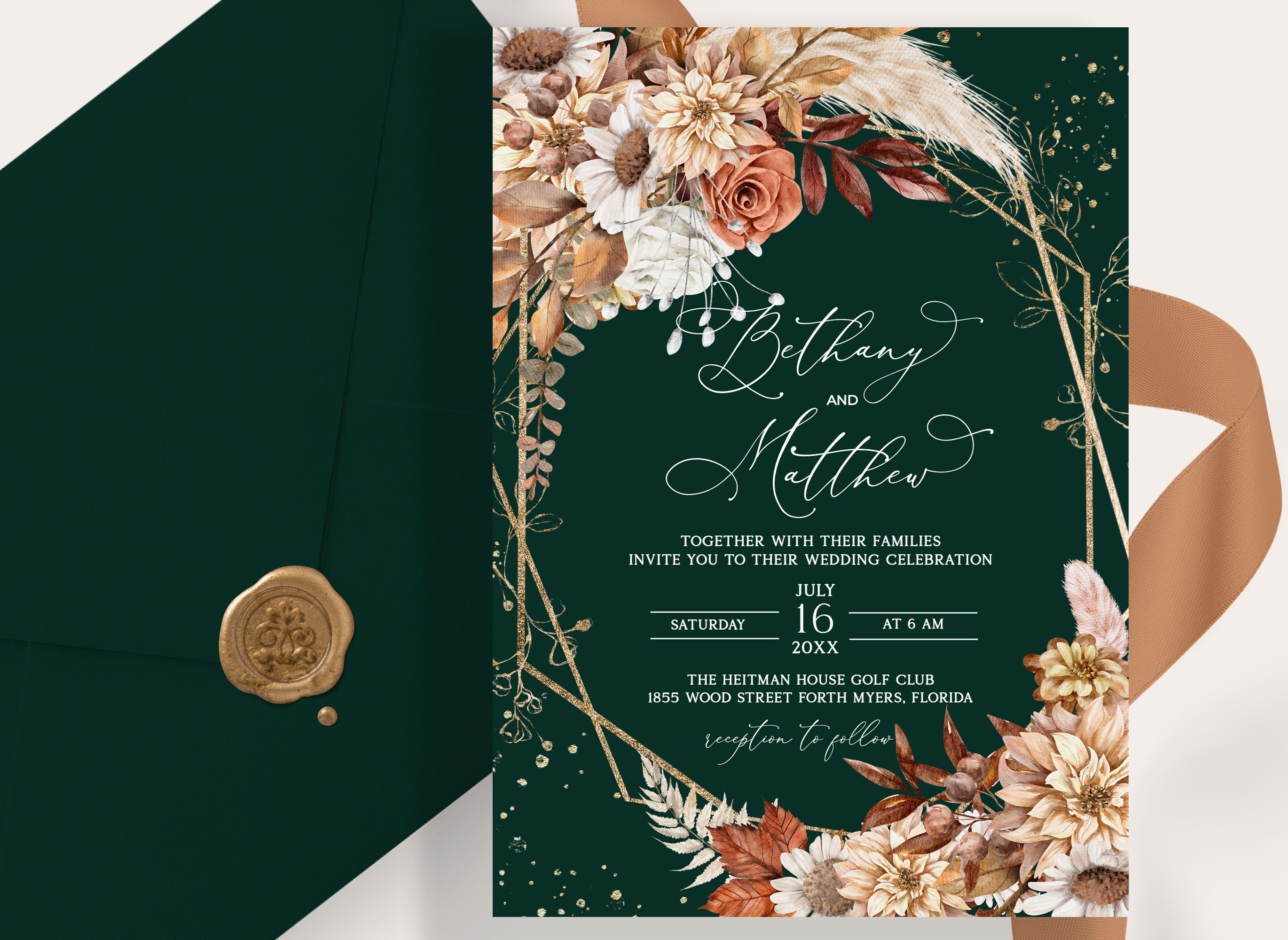 Fall Autumn Wedding Invitation, Emerald Green, Pampas Grass Wedding ...