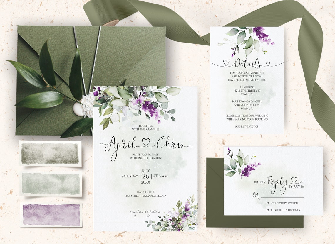 Greenery Wedding Invitation Suite Lavender Watercolor - Etsy