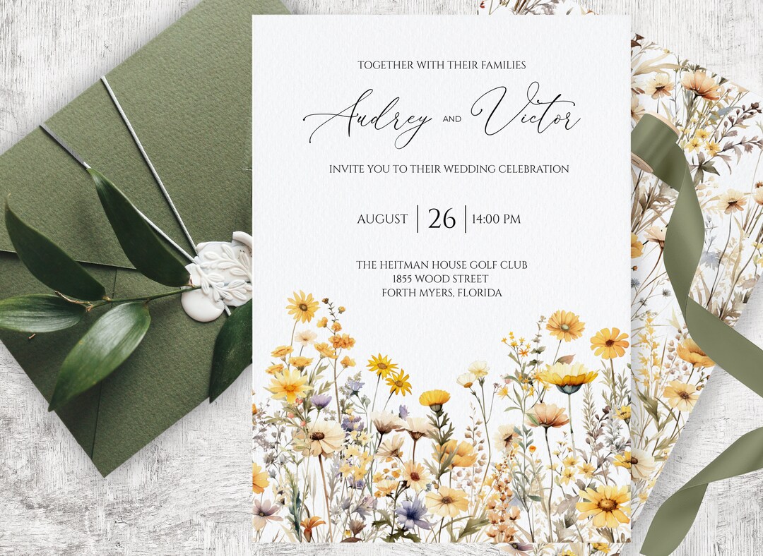 Daisy Wedding Invitation Template, Yellow Floral Invite, Boho ...