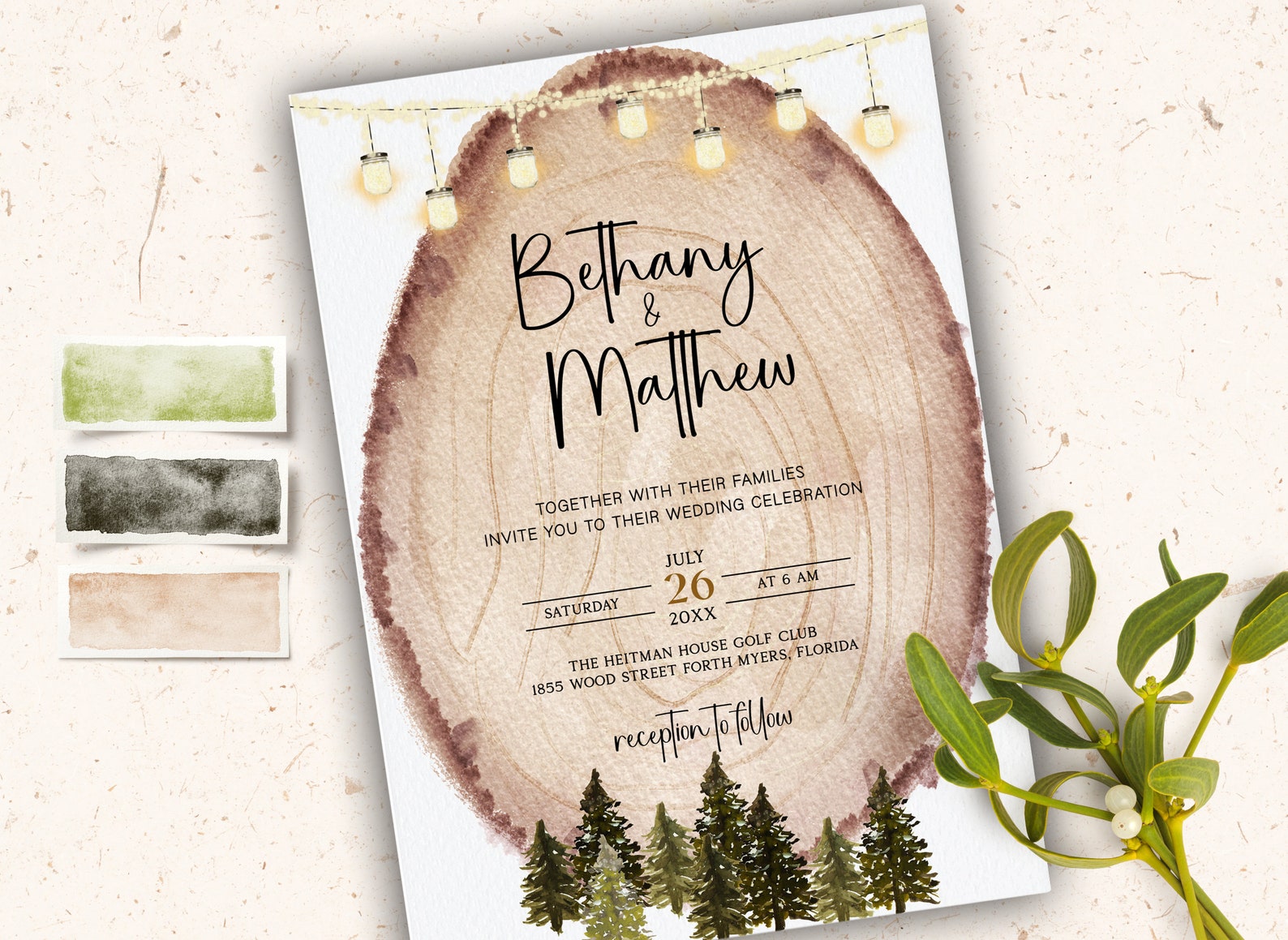 Forest Wedding Invitation, Wood Slice Invitation, Rustic Invite ...