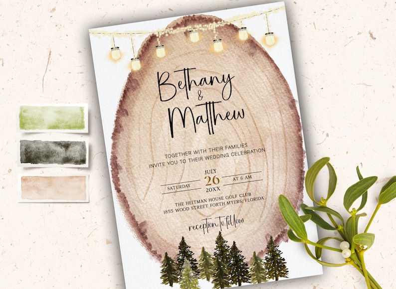Forest Wedding Invitation, Wood Slice Invitation, Rustic Invite ...