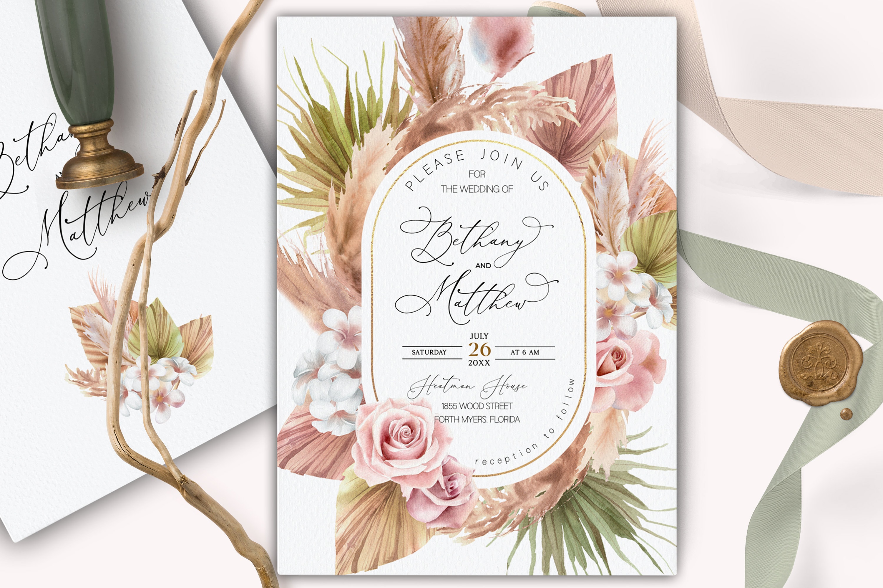 Boho Floral Wedding Invitation Template Set, Dried Flowers, Terracotta ...