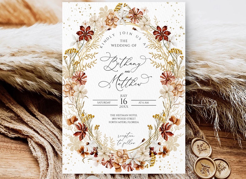 Fall Autumn Wedding Invitation, Autumn Leaves, Fall Colors, Wildflowers ...