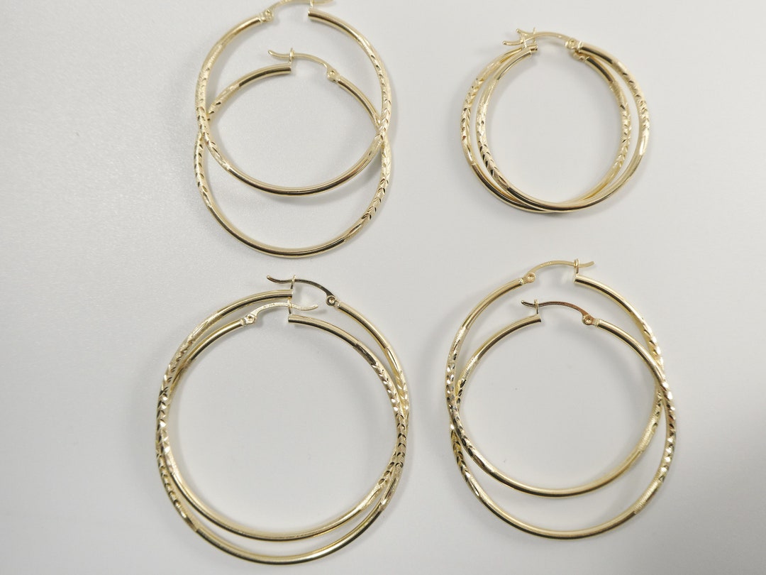 14K Real Solid Yellow Gold 2mm Round Hoop Earrings Snap Closure Dimond ...