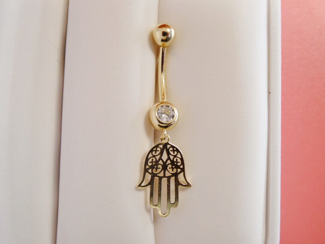 14k Real Solid Yellow Gold Dangling Hamsa Hand Belly Button Ring ...