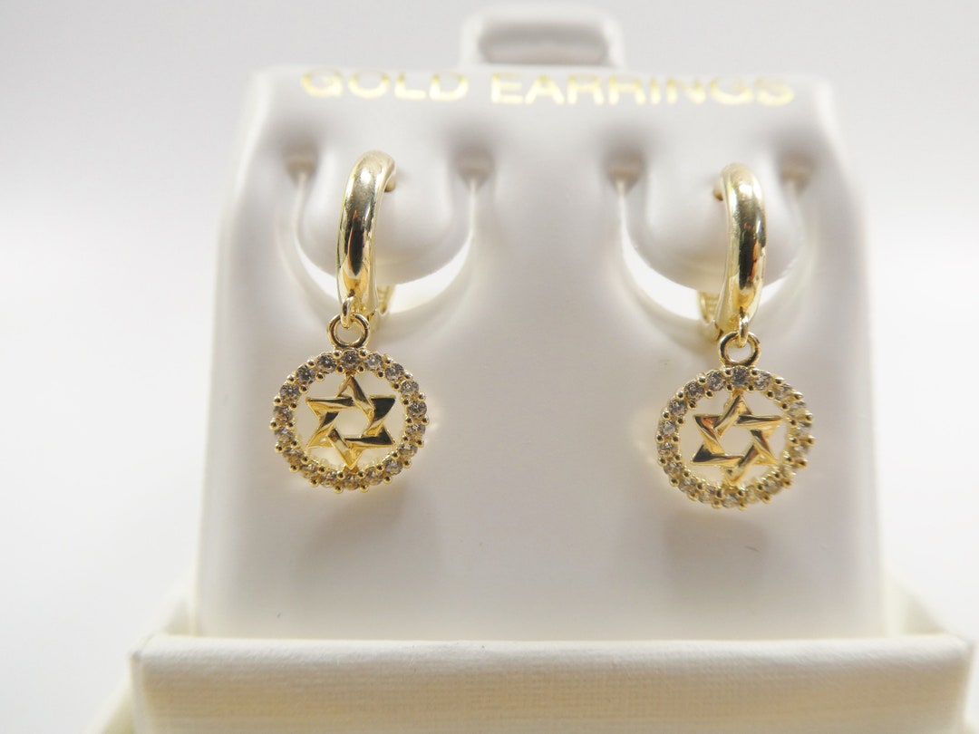 10k Real Solid Gold Star David Dangle on Plain Huggie Fancy Earrings - Etsy