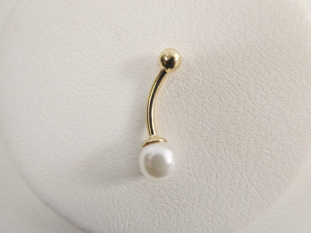 14k Real Solid Yellow Gold Freshwater Pearl Belly Button Ring Piercing ...