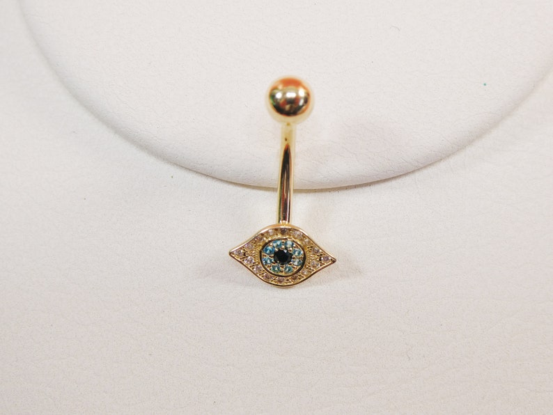 14k Real Solid Yellow Gold Evil Eye Belly Button Ring Piercing - Etsy