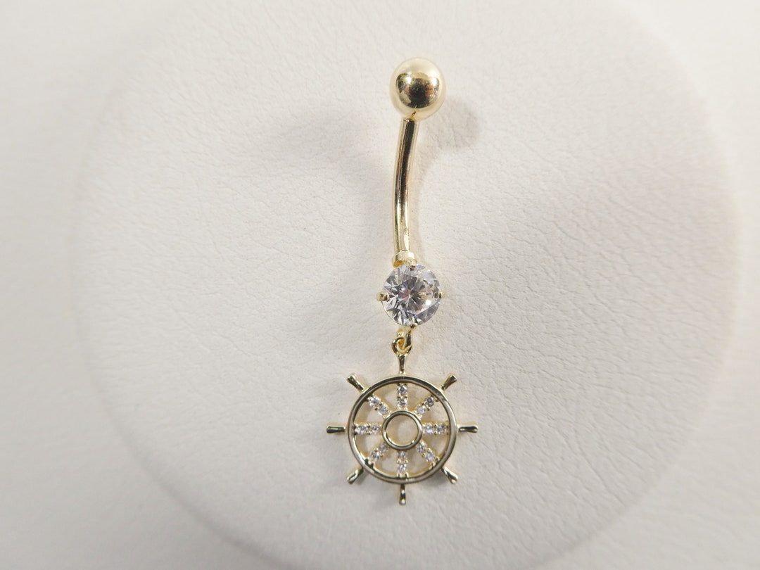 14k Real Solid Yellow Gold Ship Wheel Dangling Belly Button Ring ...