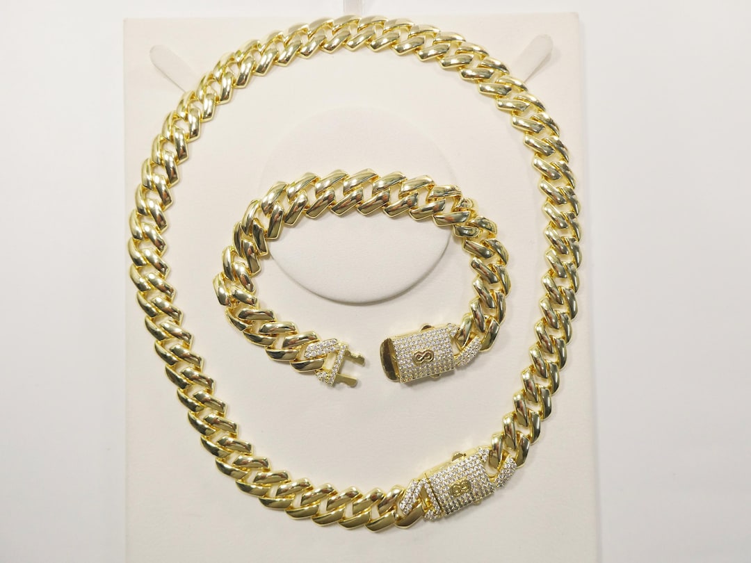 14k Gold Filled 14mm Monaco Cuban Necklace Set - Etsy