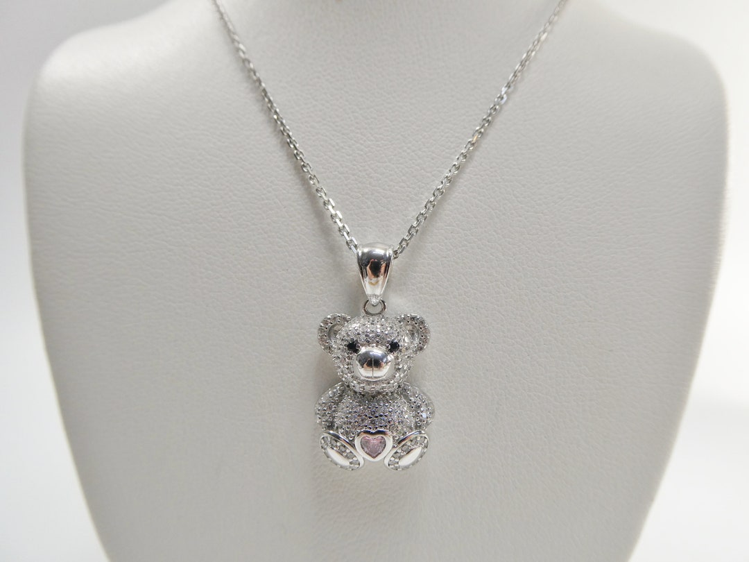 925 Sterling Silver Teddy Bear Pink Stone Set Chain and Pendent - Etsy