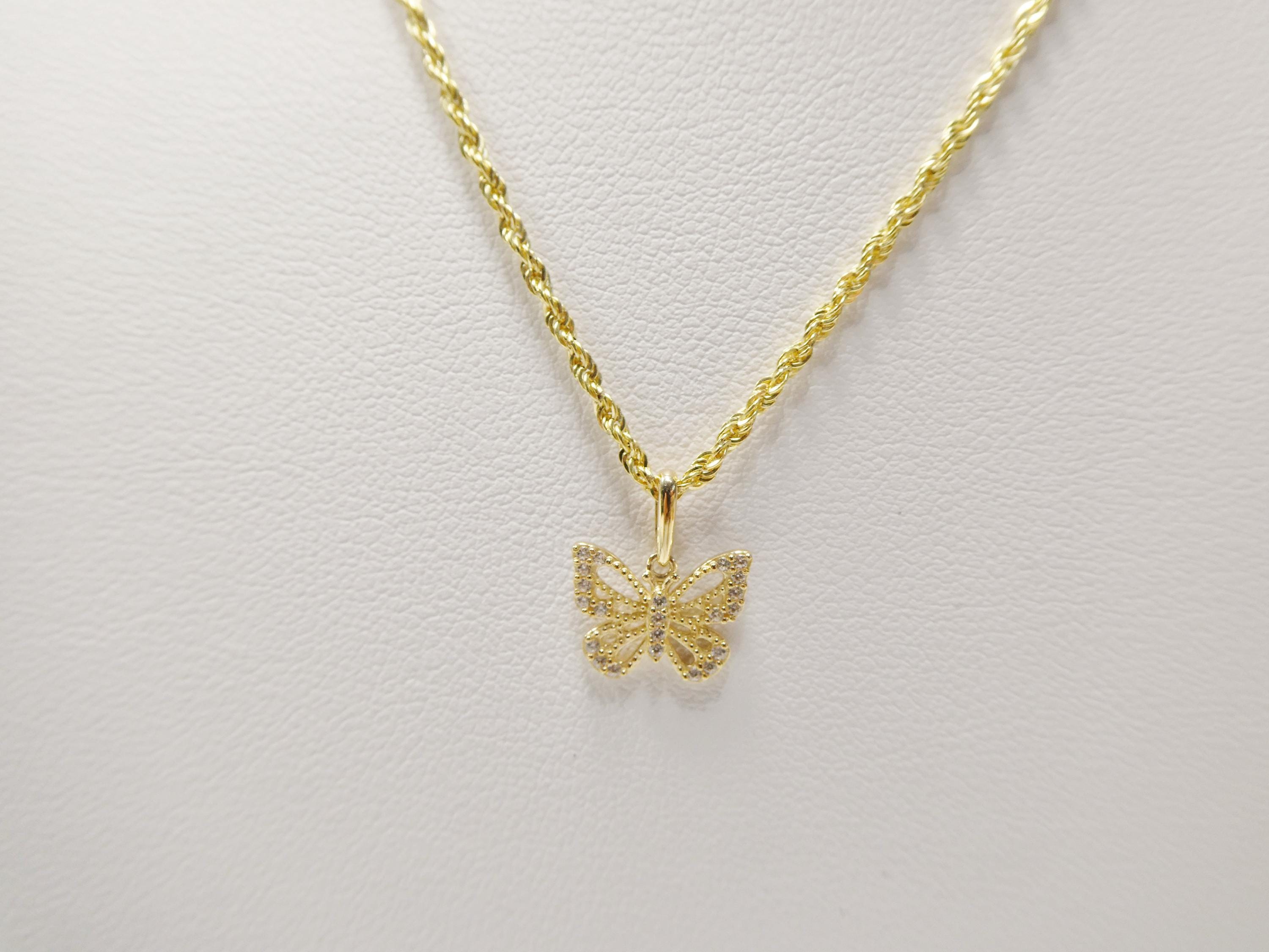 14k Real Solid Yellow Gold Butterfly Pendent and Rope Necklace - Etsy