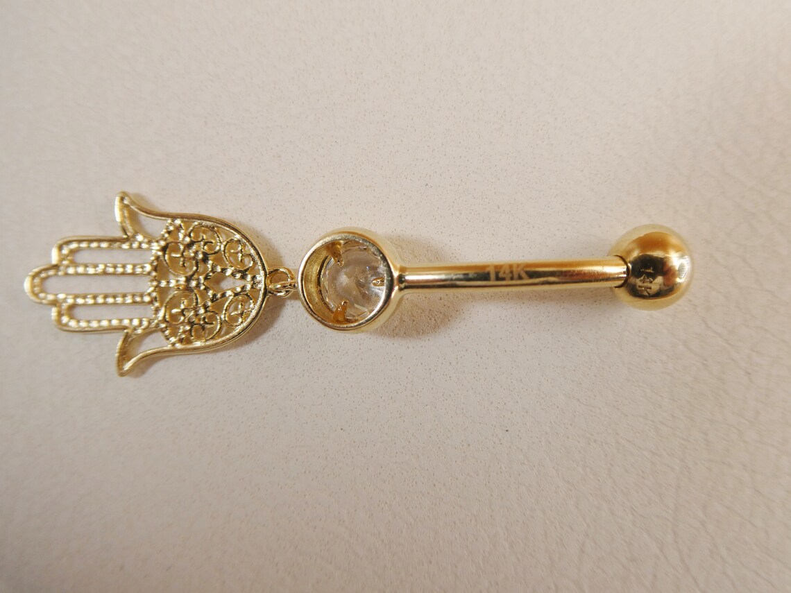14k real solid yellow gold dangling hamsa hand belly button | Etsy