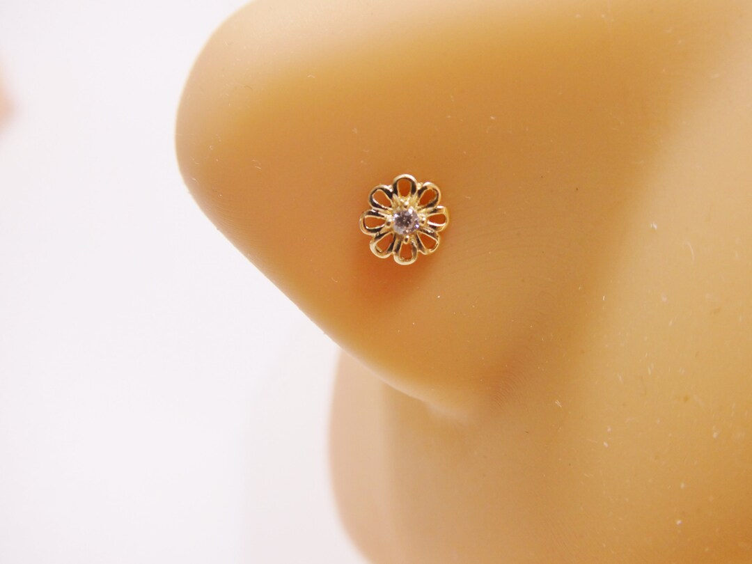 14k Real Solid Yellow Gold Flower Stud Nose Ring - Etsy
