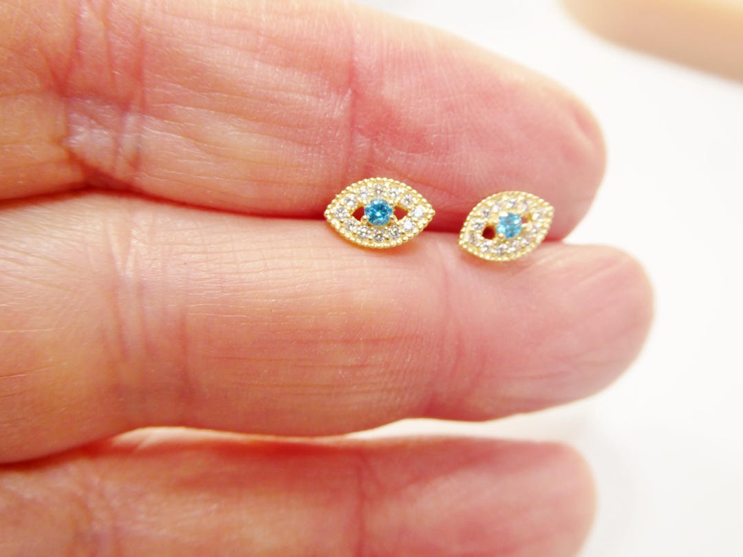 10k Real Yellow Gold Evil Eye Push Post Earrings - Etsy