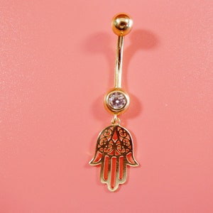 14k Real Solid Yellow Gold Dangling Hamsa Hand Belly Button Ring ...