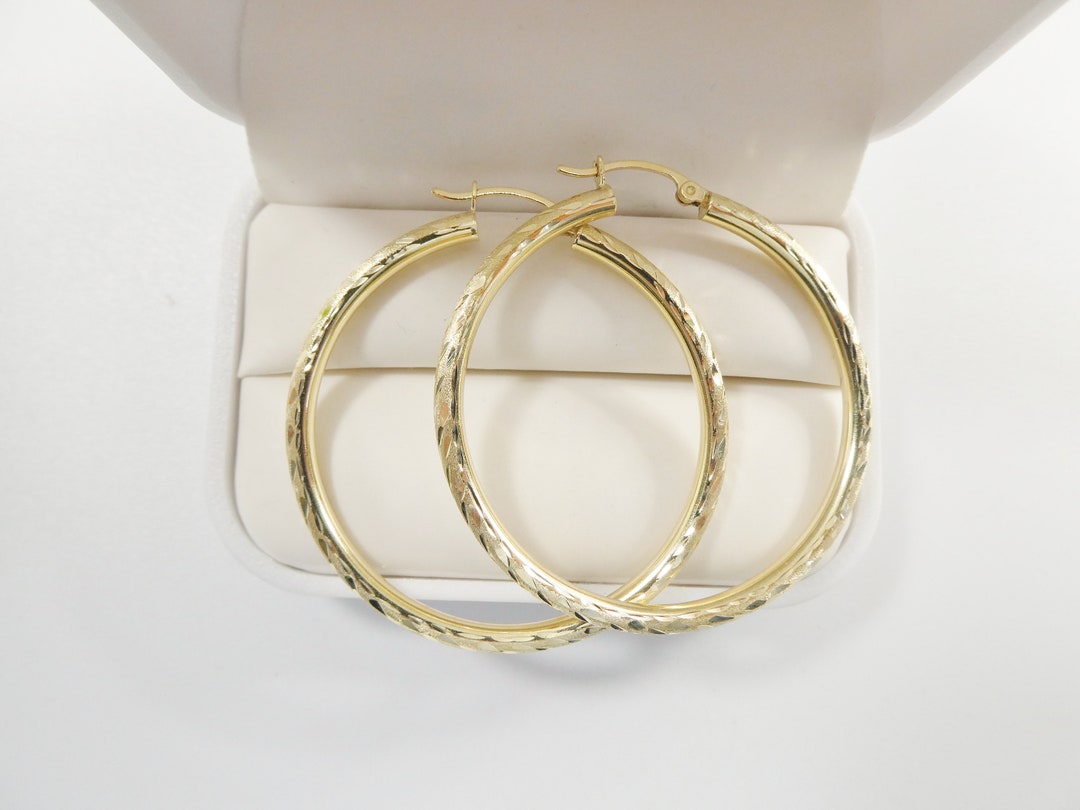 14K Real Solid Yellow Gold 45mm Round Hoop Earring Snap Closure Diamond ...