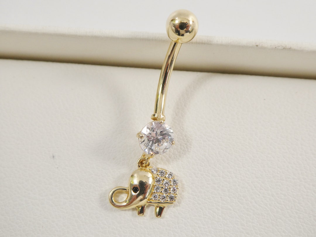 14k Real Solid Yellow Gold Elephant Dangling Belly Button Ring Piercing ...