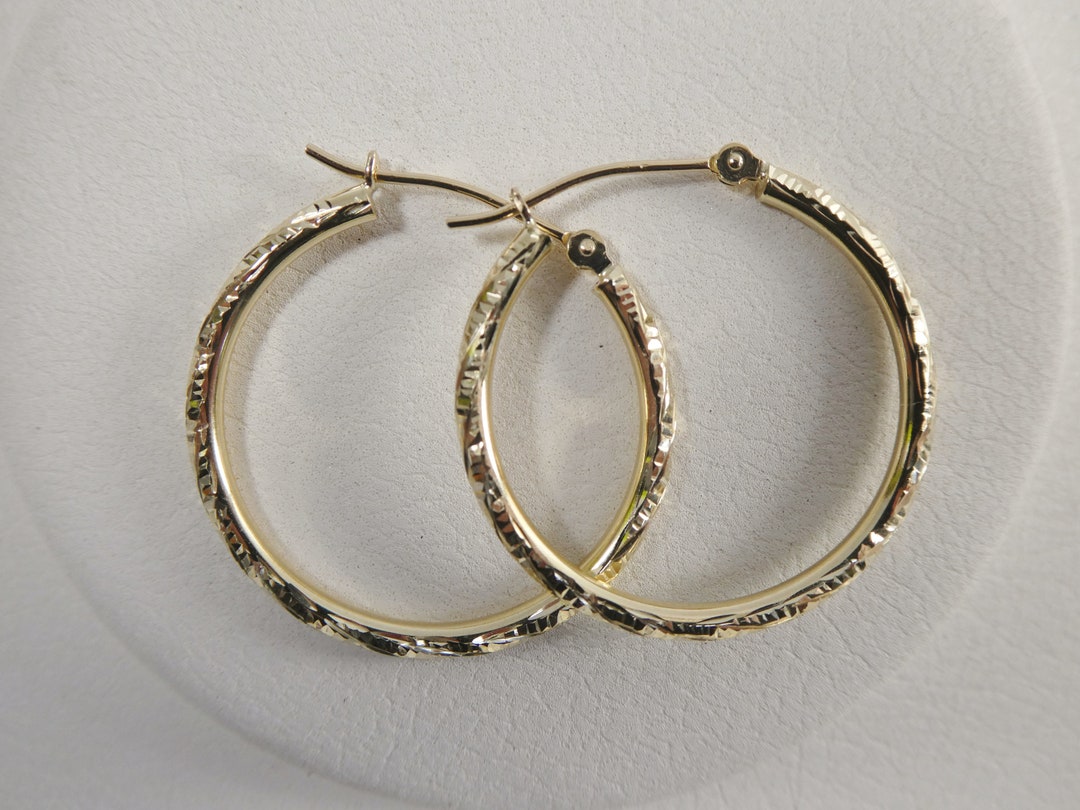 14K Real Solid Yellow Gold 25mm Round Hoop Earrings Snap Closure ...