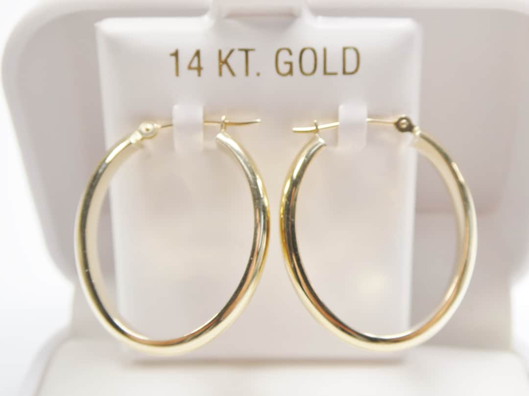 14K Real Solid Yellow Gold Oval Hoop Earring Snap Closure Super Polish ...