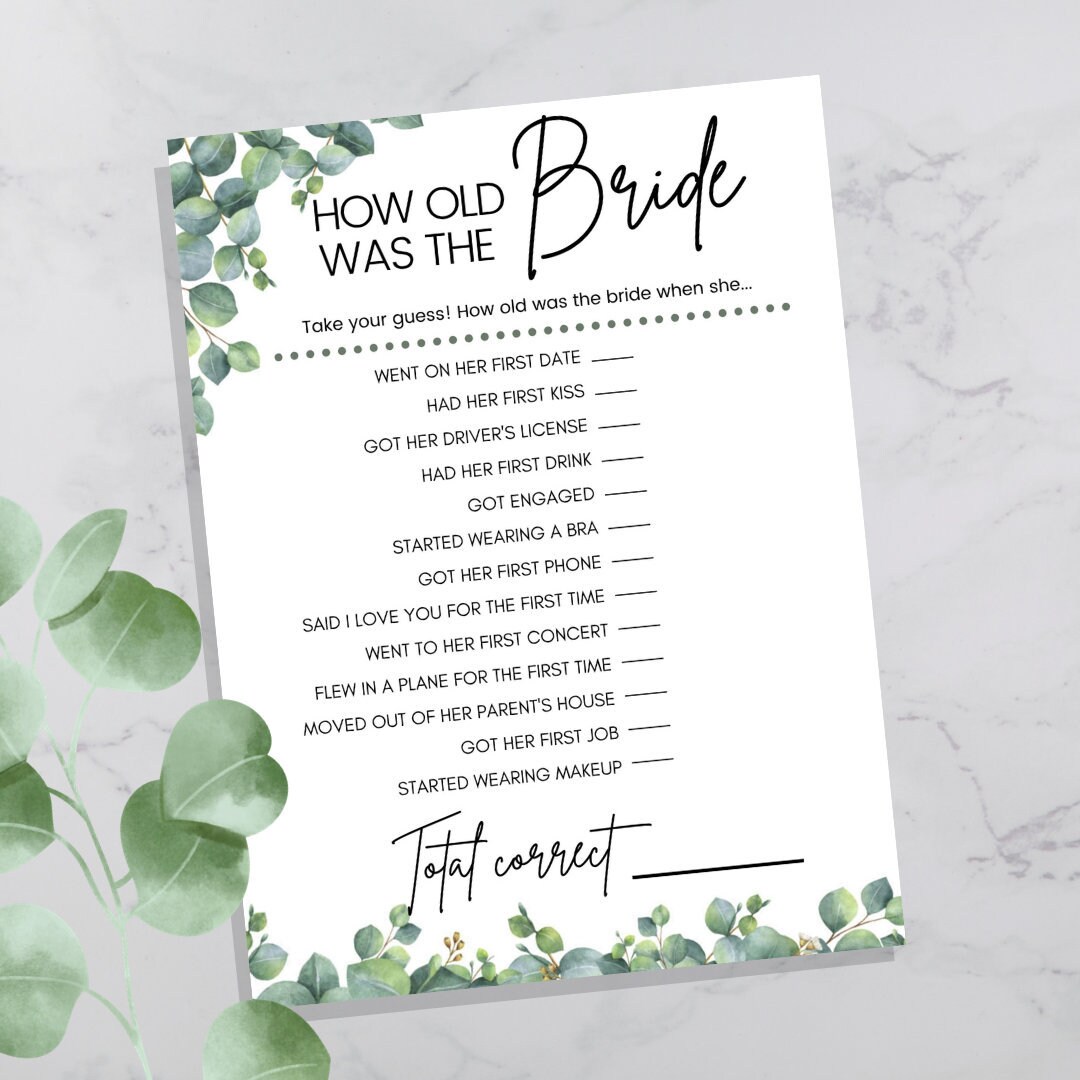 How Old Was the Bride Game, Wedding Shower Games Printable Bridal Games ...
