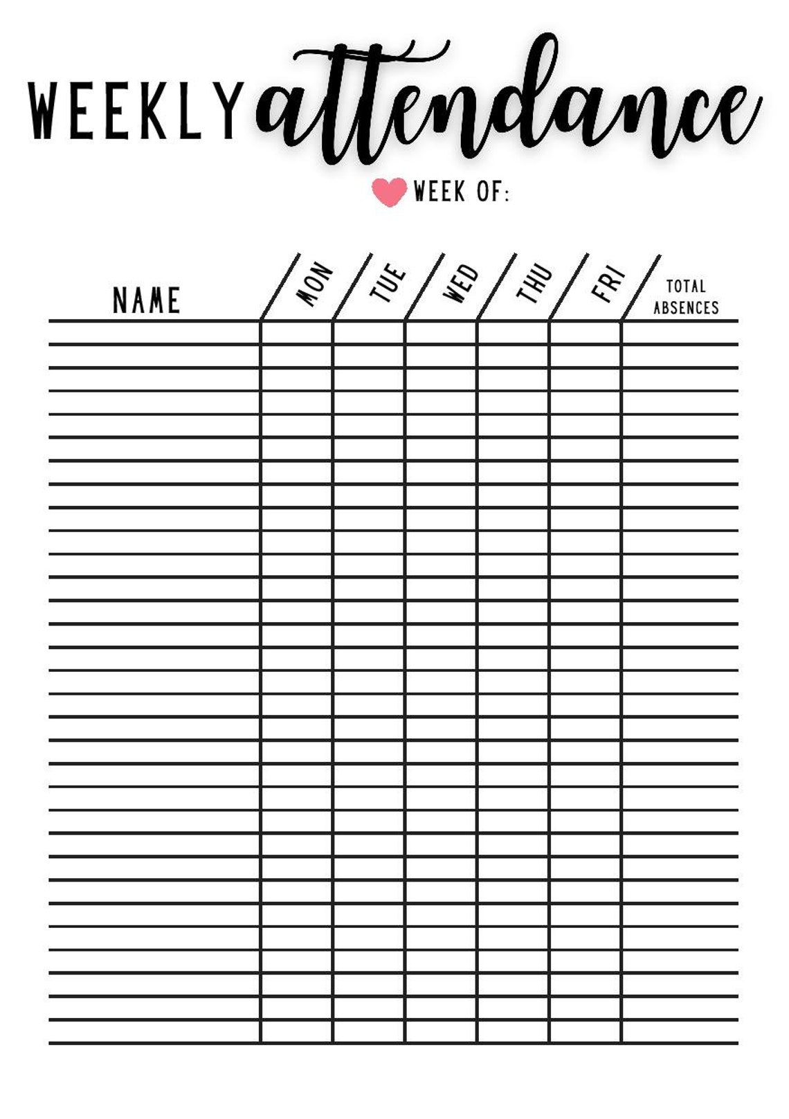 Weekly Attendance Tracker, Printable Student Attendance Sheet for ...