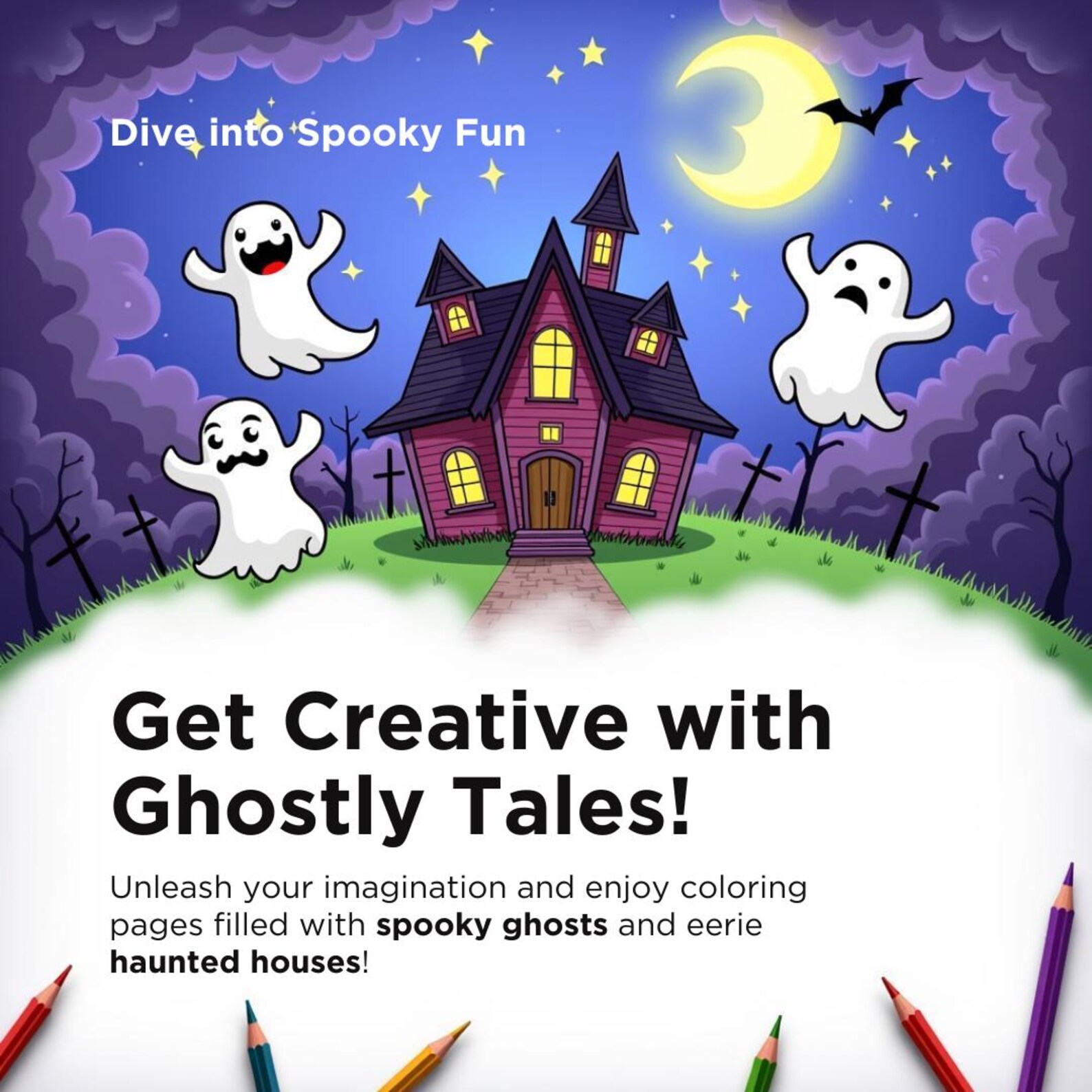 Ghostly Tales: Printable Cute and Spooky Colouring Book for Kids and ...